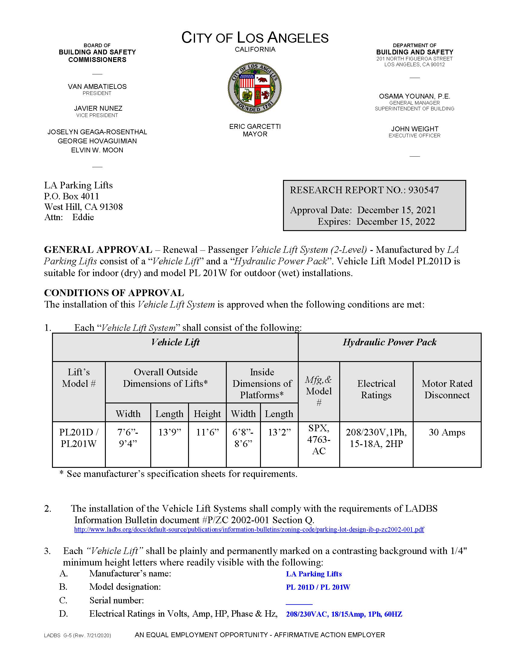Specifications - LA Parking Lifts